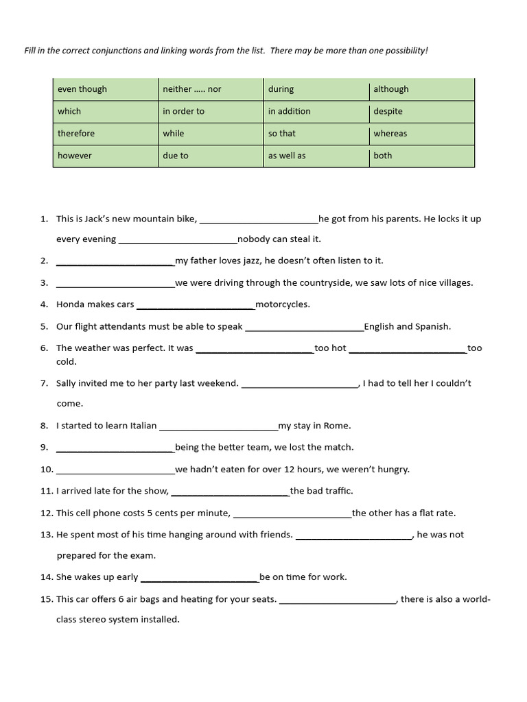Conjunctions Worksheet | PDF | Transport
