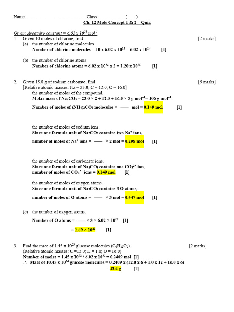 Mole Concept Quiz And Solutions Pdf Mole Unit Molecules