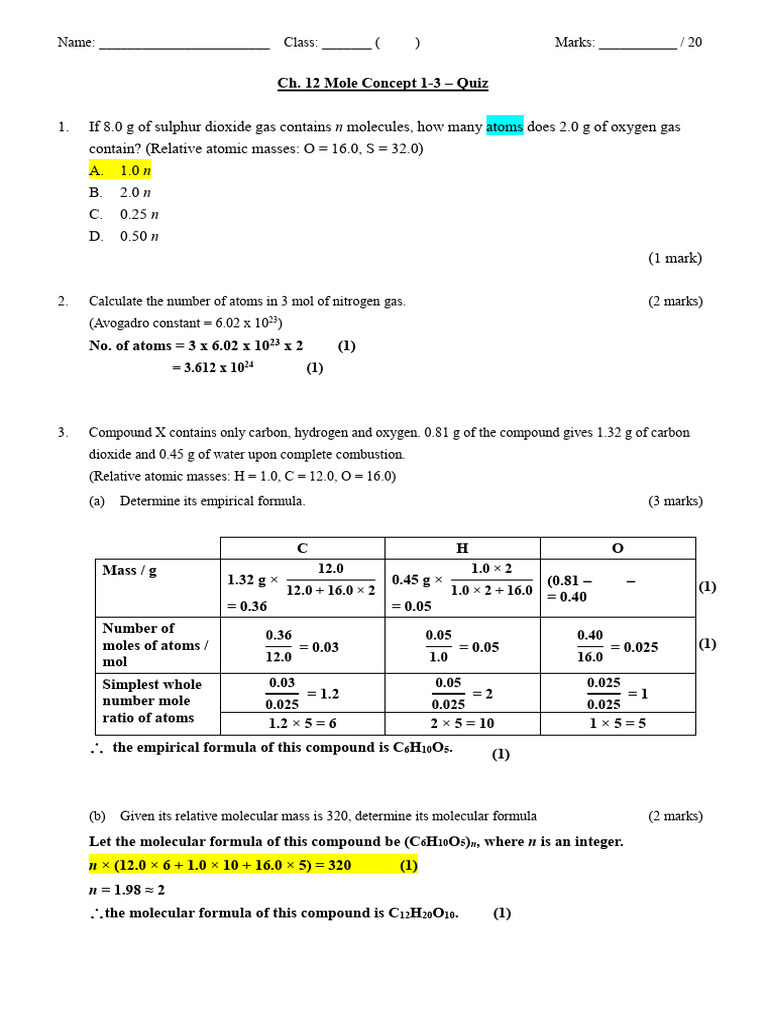 CH 12 (Mole Concept 1-3) - Quiz 2425 (Ans) | PDF | Mole (Unit ...