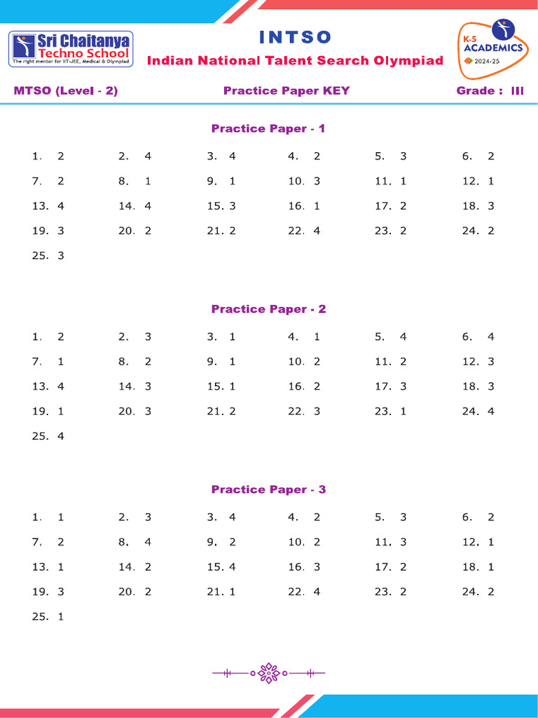 MTSO Grade-3 Practice Paper-1 To 3 Key | PDF