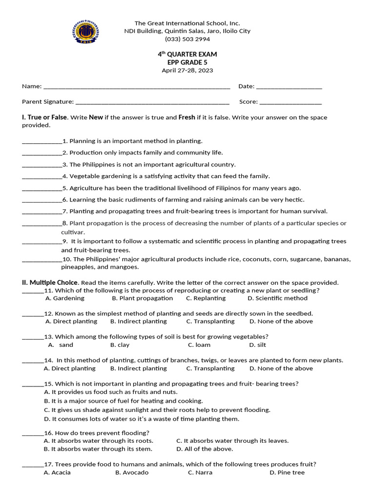 EPP 5 4th QUARTER EXAM | PDF | Trees | Plants