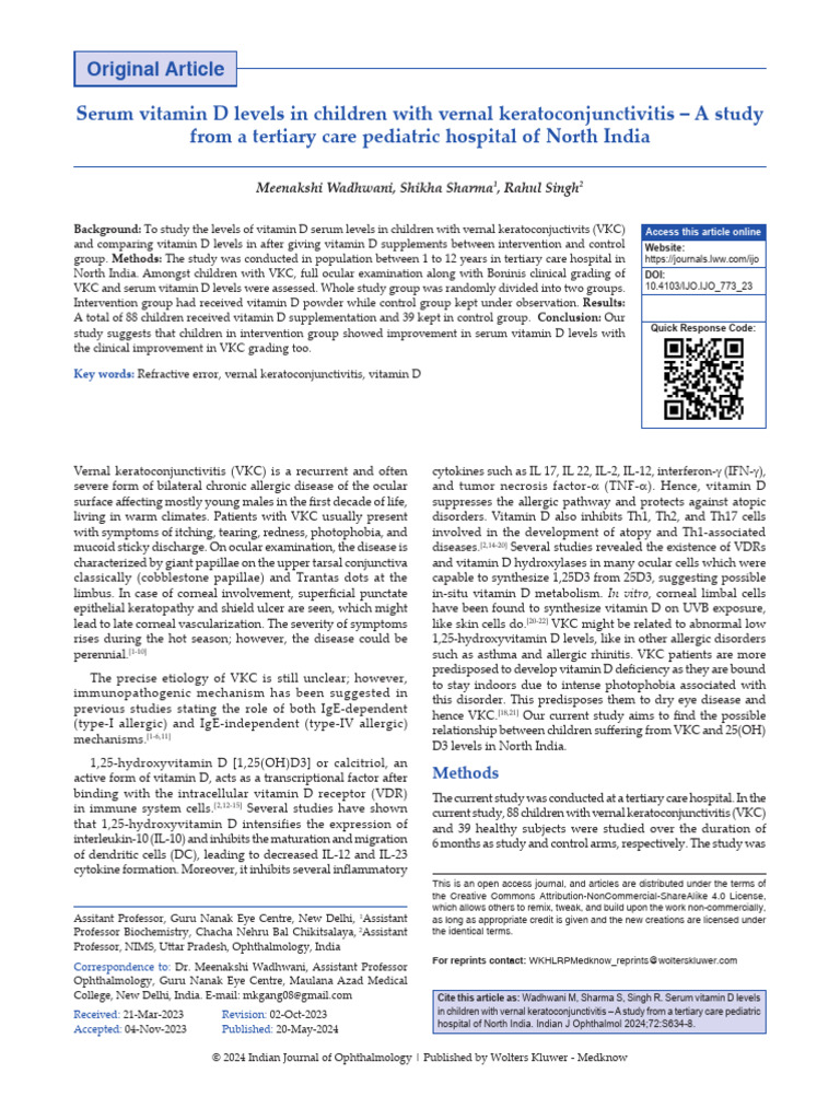 Serum Vitamin D Levels in Children With Vernal Keratoconjunctivitis ...