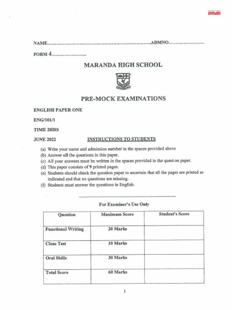 Maranda English Paper 1 Maranda Form 4 End Term 1 Teacher Co Ke | PDF