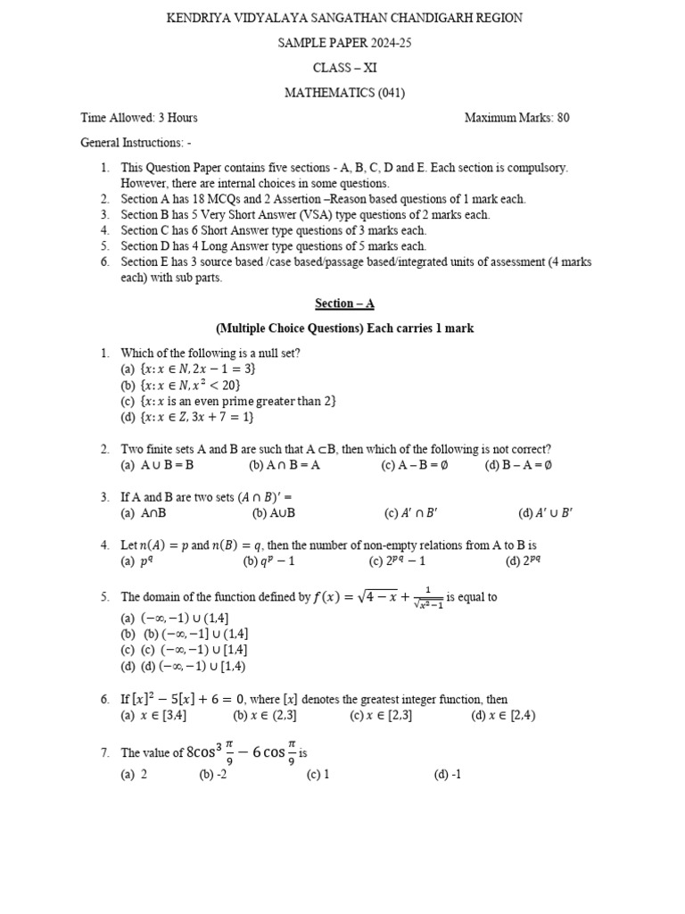 MATHS SAMPLE PAPER XI | PDF | Mathematics