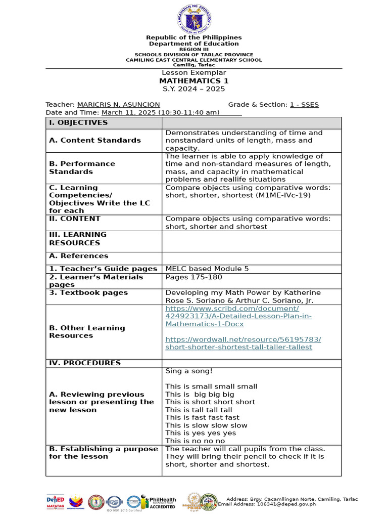 Math 1 MELC Comparative Words | PDF | Teachers | Learning