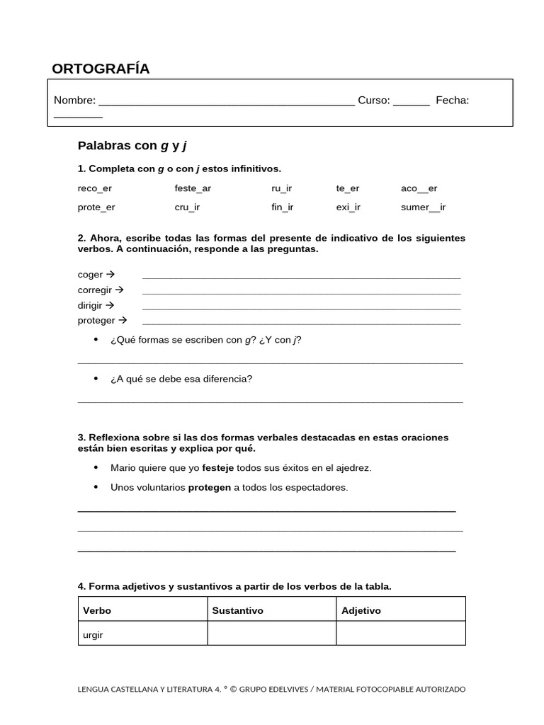 4LCL ORTOGRAFIA 08 Palabras Con G J | PDF | Verbo | Tipología Lingüística