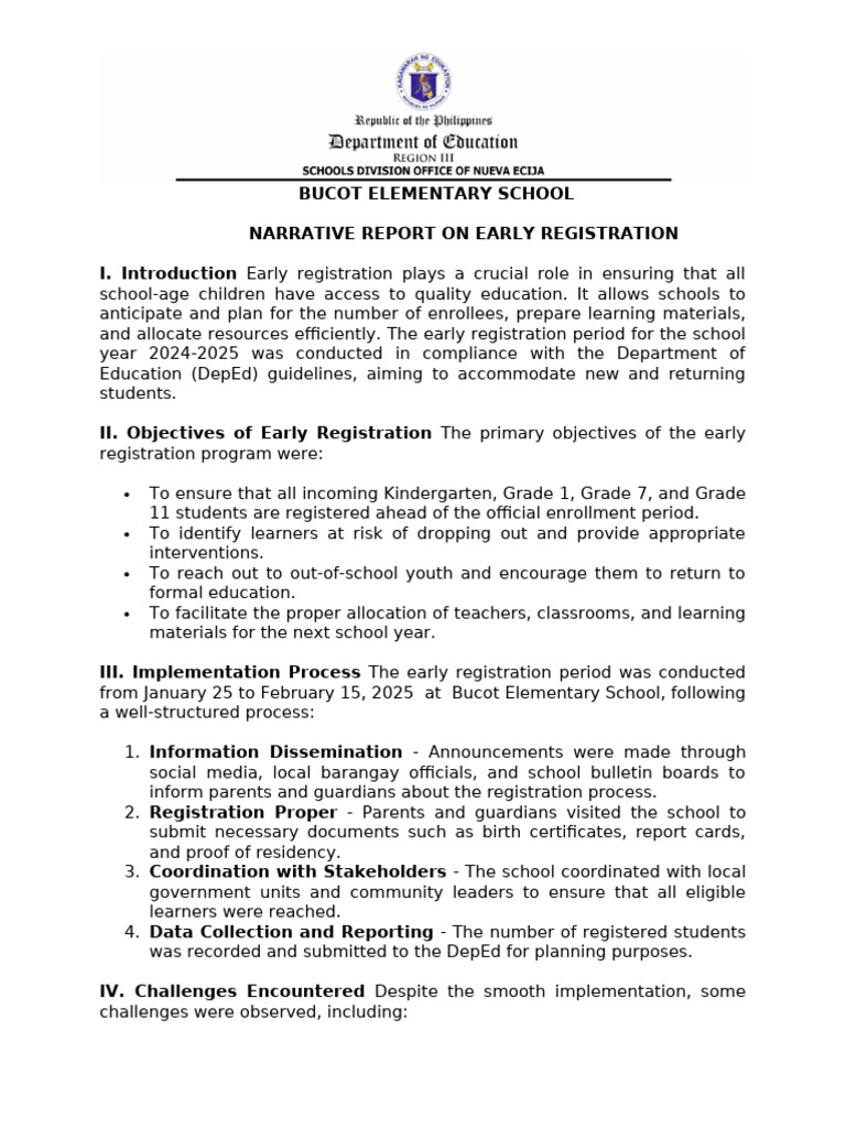 Narrative Report On Early Registration For School | PDF | Schools | Learning