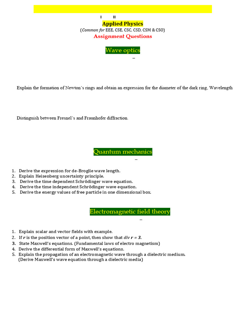 Applied physics Assignment Questions (2021-2022) | PDF | Diffraction | Waves