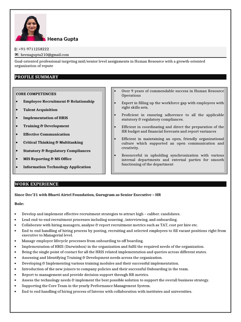 Resume - Heena Gupta1 - 24nov'24 | PDF | Recruitment | Human Resource Management