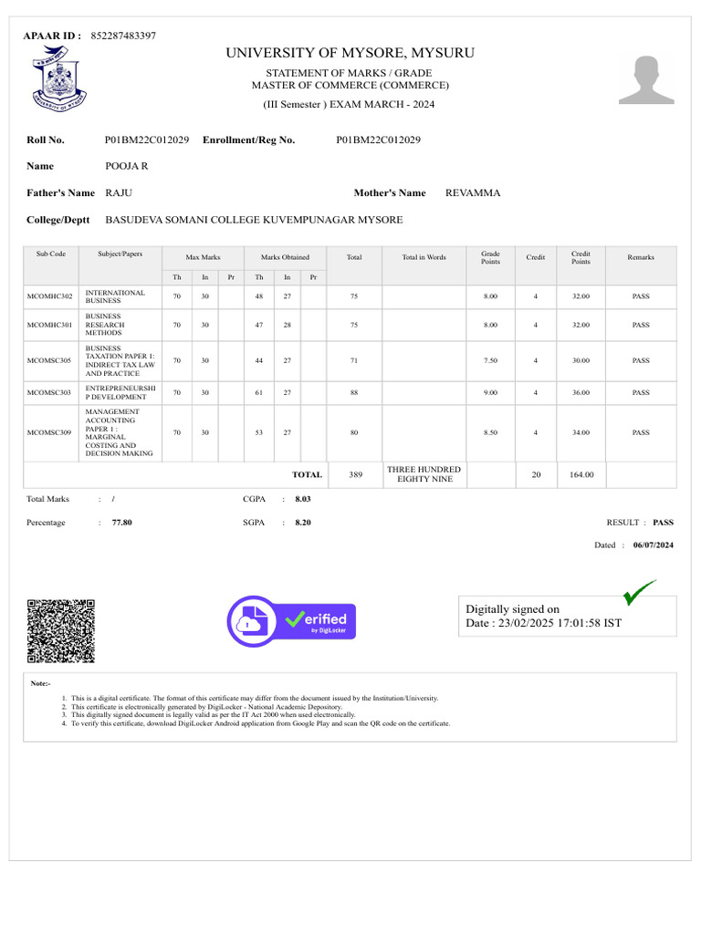 M.Com III Semester Marks Statement 2024 | PDF