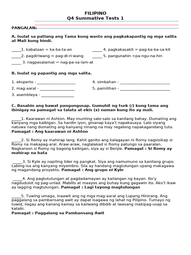 ESP and Filipino Q4 Summative 1 | PDF
