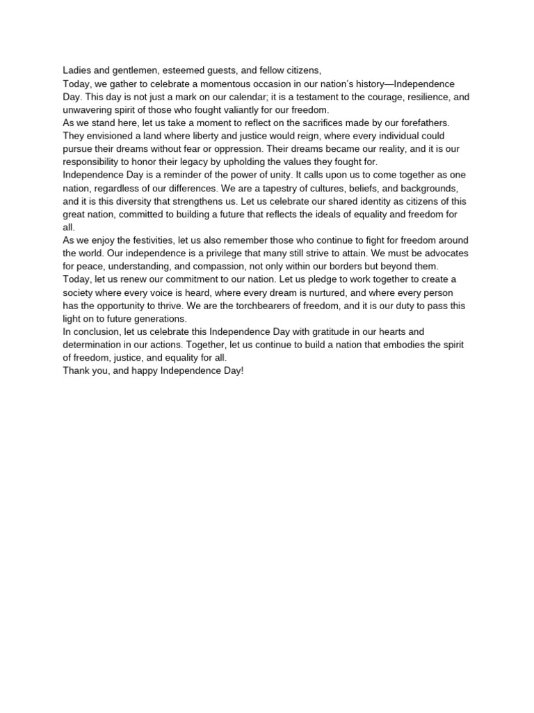 Independence Day Speech of Unity and Freedom | PDF