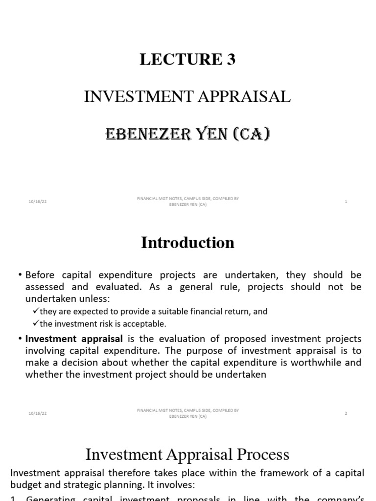 Lecture 3 Investment Appraisal Notes | PDF | Net Present Value ...