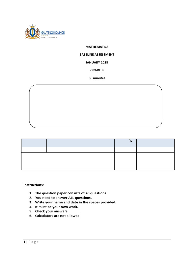 Grade 8 Maths Baseline Assessment 2025 | PDF | Mathematics | Arithmetic