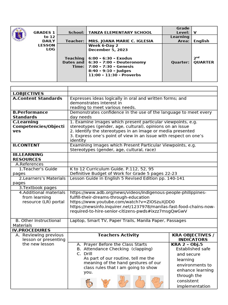 Iglesia DLP Q2 WEEK6 DAY1 COT2 | PDF | Learning | Stereotypes