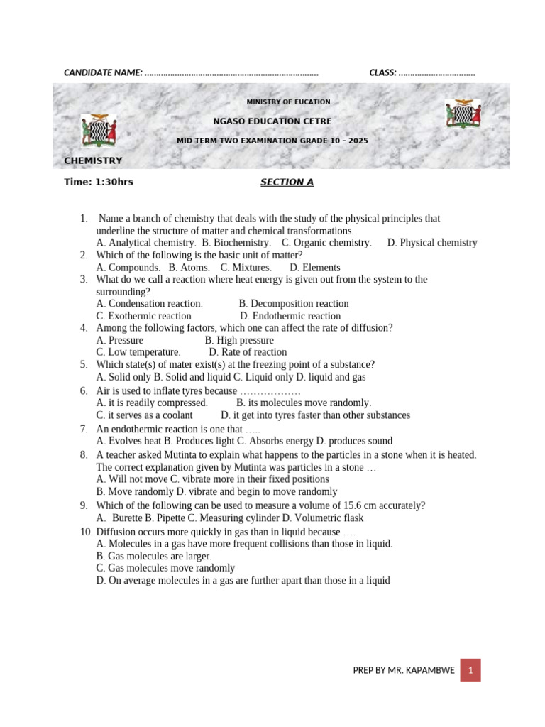 Grade 10 Mid-Term Chemistry Exam | PDF | Chemistry | Chemical Reactions
