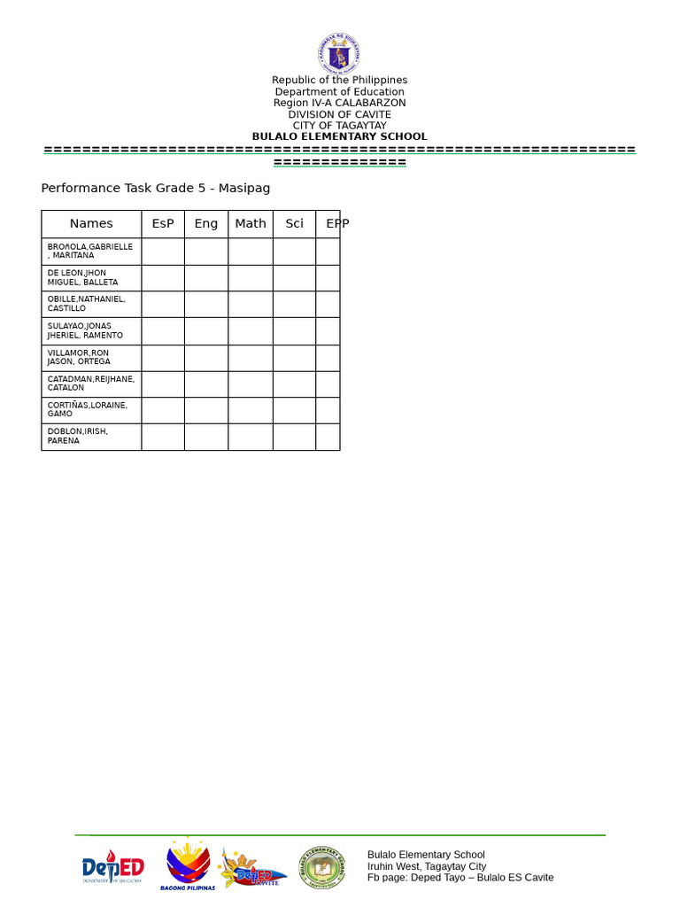 Performance Task Grade 5 | PDF