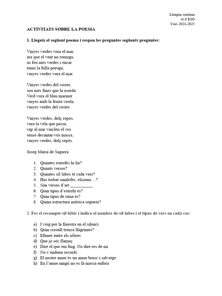 ACTIVITATS SOBRE LA POESIA | PDF