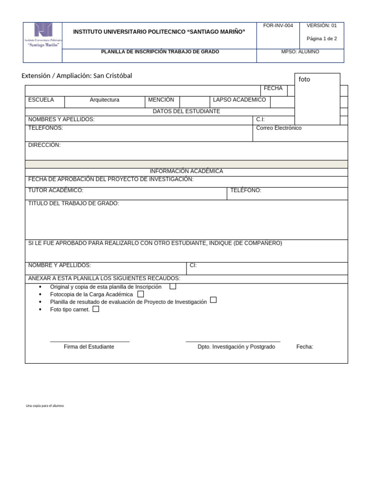 Planilla de Inscripcion de TDG | PDF