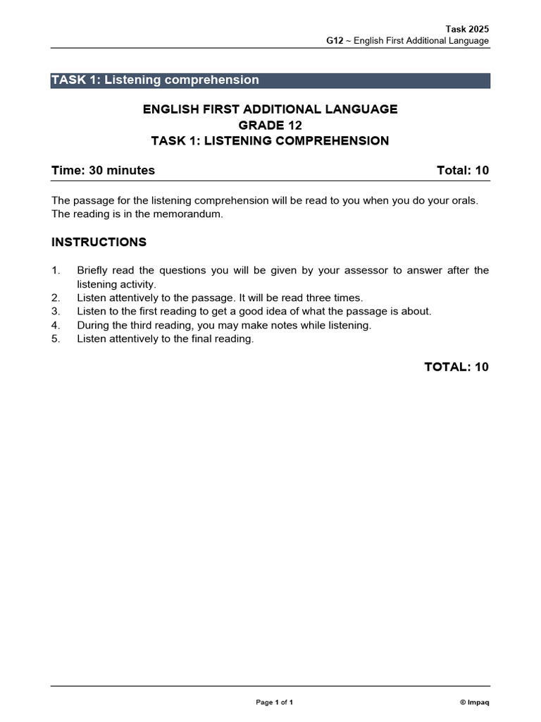 English First Additional Language Grade 12 Task 1: Listening ...