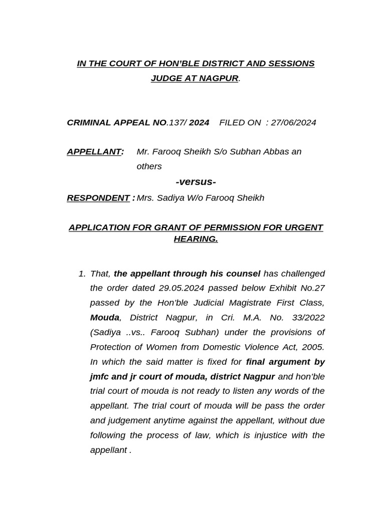 Urgent Hearing Application for Appeal | PDF
