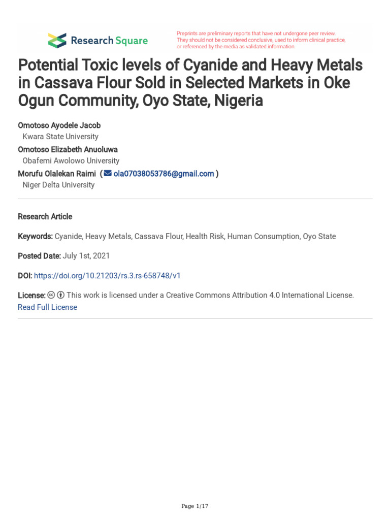Toxic Levels of Cyanide in Cassava Flour | PDF | Root | Spectrophotometry