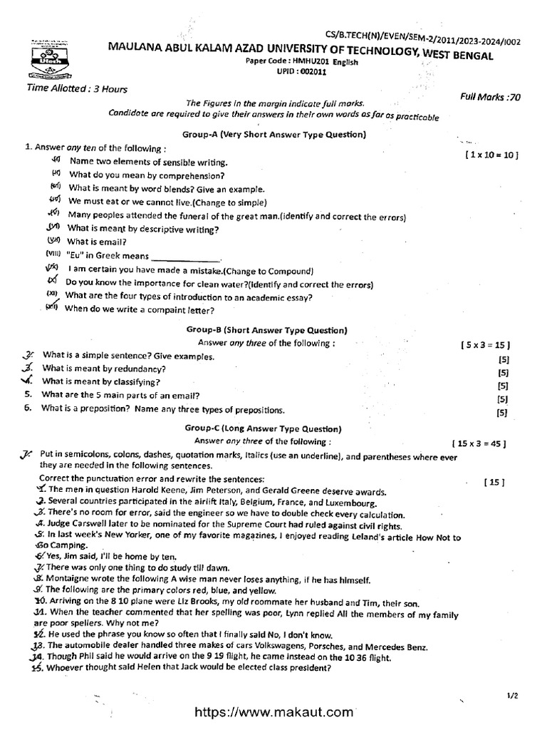 Btech 2 Sem English Hmhu201 2024 | PDF