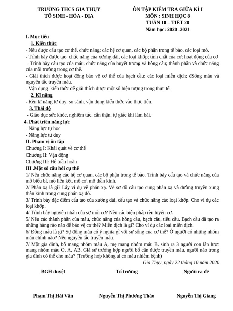 De Cuong On Tap KT Giua Ki Sinh 8 - 30102020 | PDF