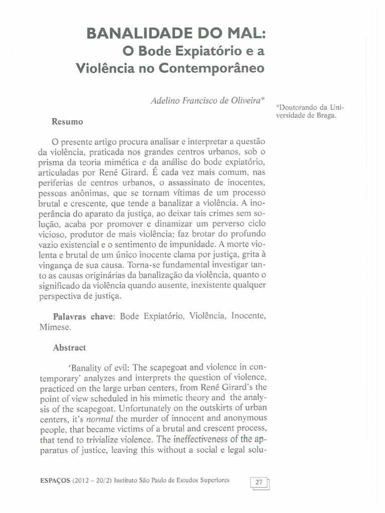 BANALIDADE DO MAL - O Bode Expiatorio e A Violencia No Contemporaneo | PDF