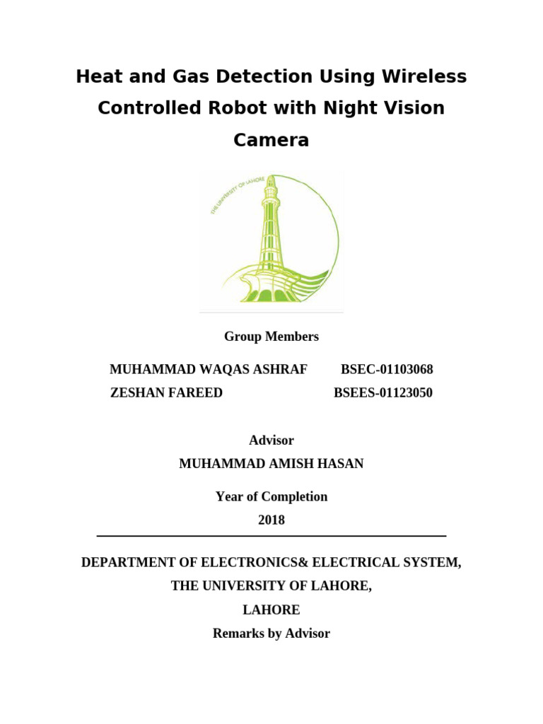 Heat And Gas Detection Using WirelessControlled Robot With Night Vision Camera. Final Report ...