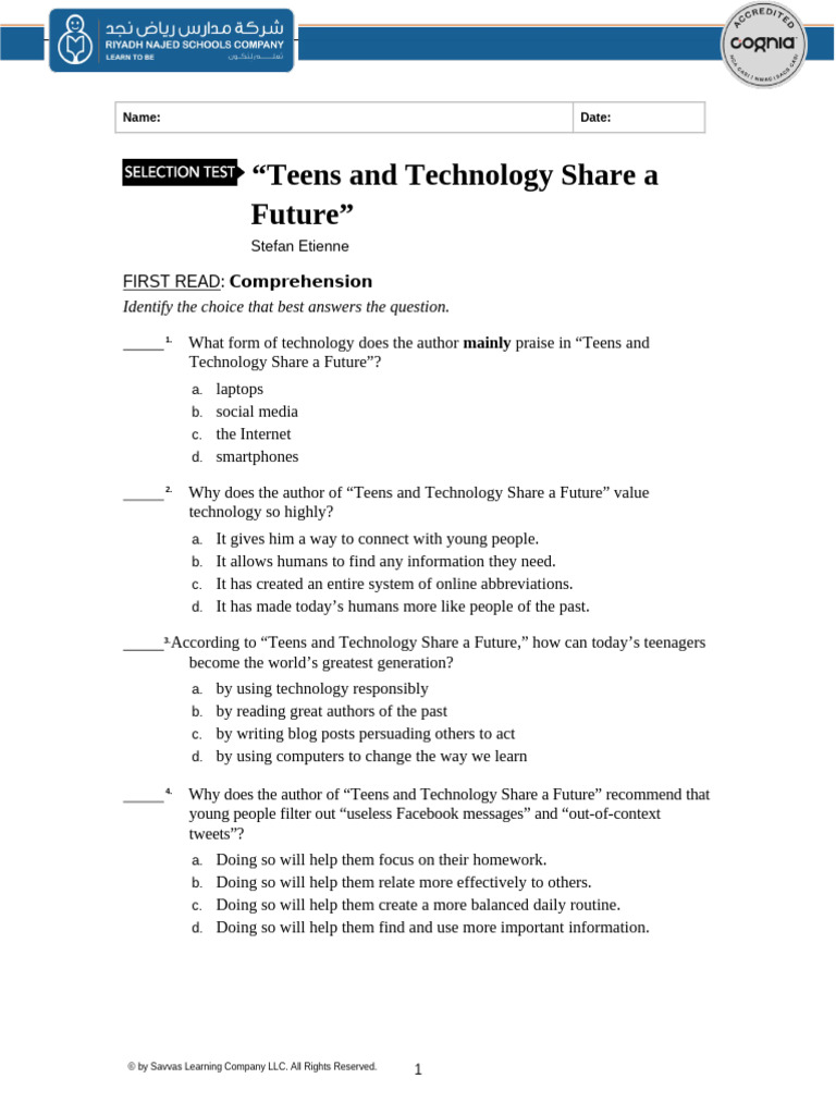 Technology's Role in Teen Futures | PDF | Vocabulary | Question