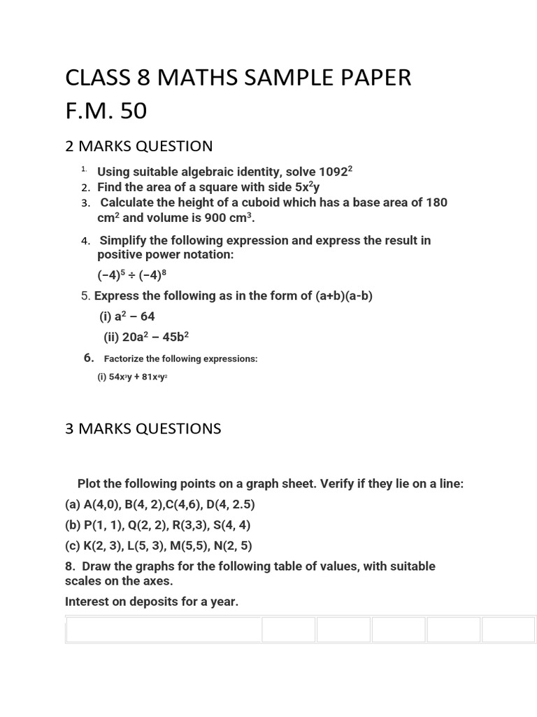 Class 8 Maths Sample Paper | PDF | Rectangle | Area