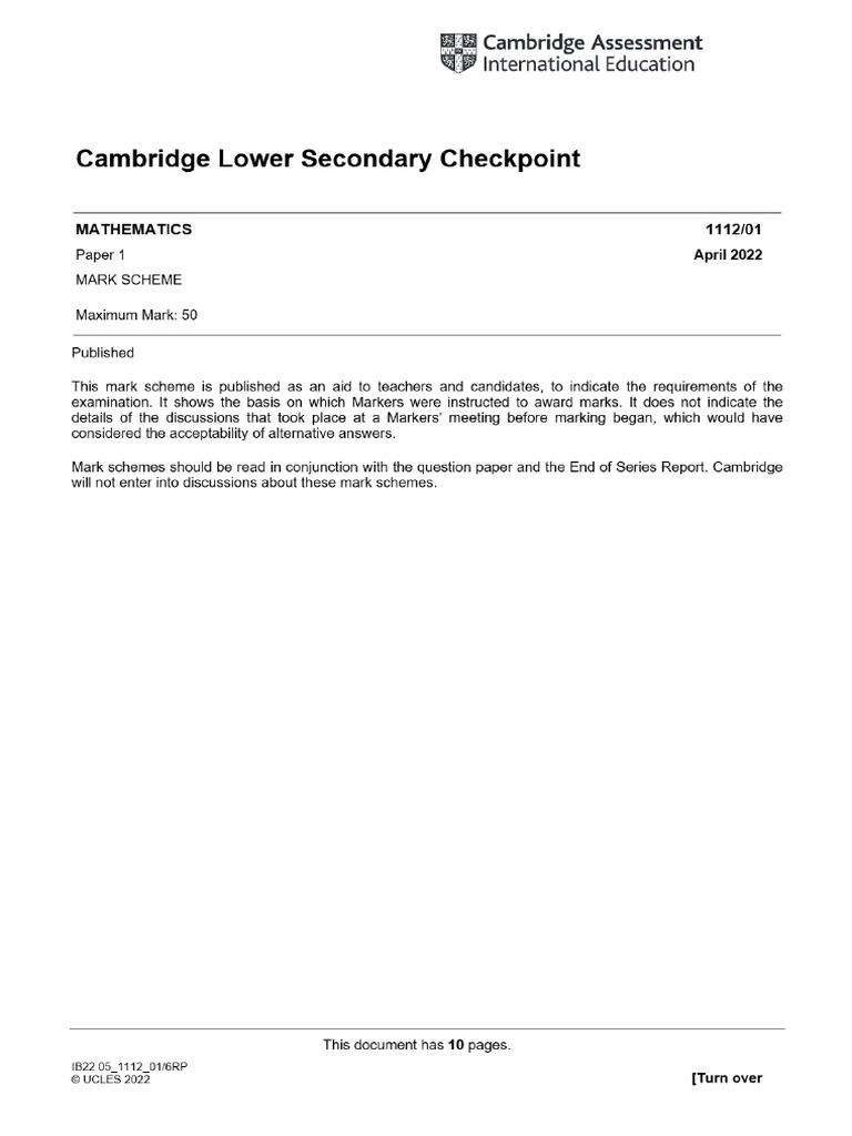 Math Checkpoint Paper 1 Mark Scheme - April 2022 | PDF