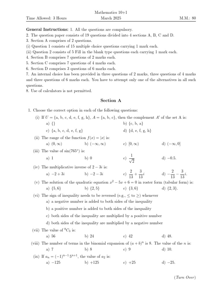 Class 11 Maths Model Paper 2025 | PDF | Mathematics | Mathematical Concepts