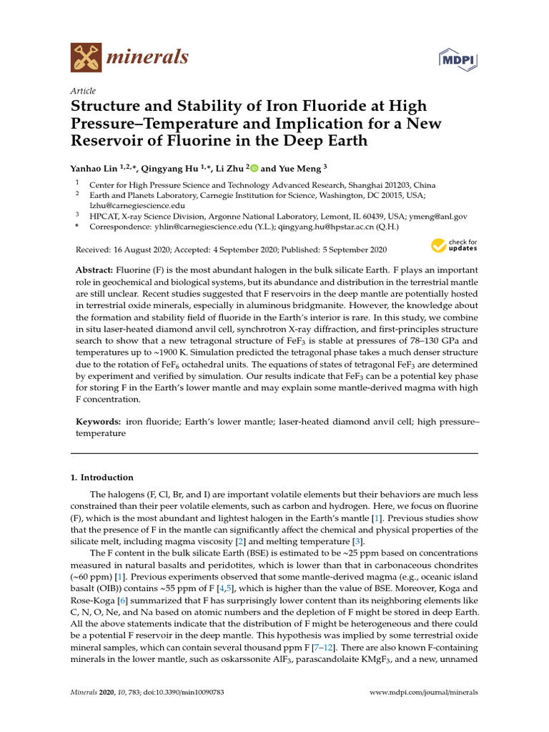 Structure and Stability of Iron Fluoride at High Pressure-Temperature ...