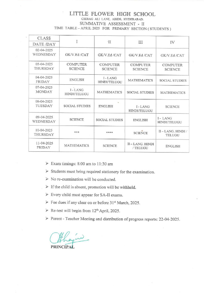 SA II Time Table Classes I To IV 2025 STUDENTS | PDF