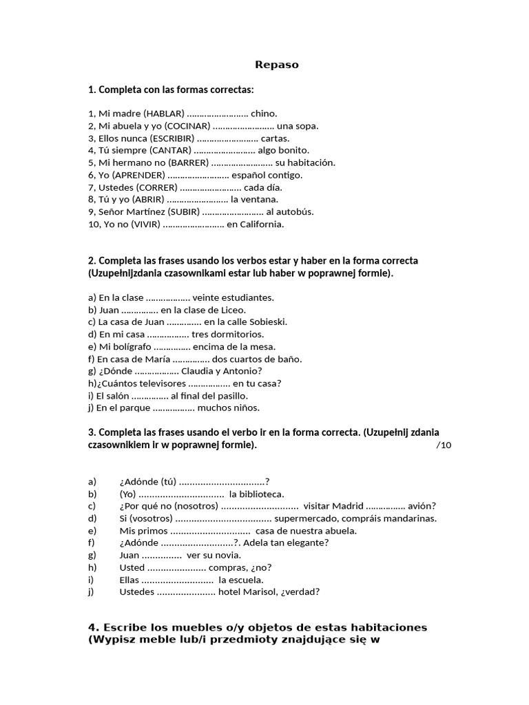 Ejercicios de verbos en español | PDF
