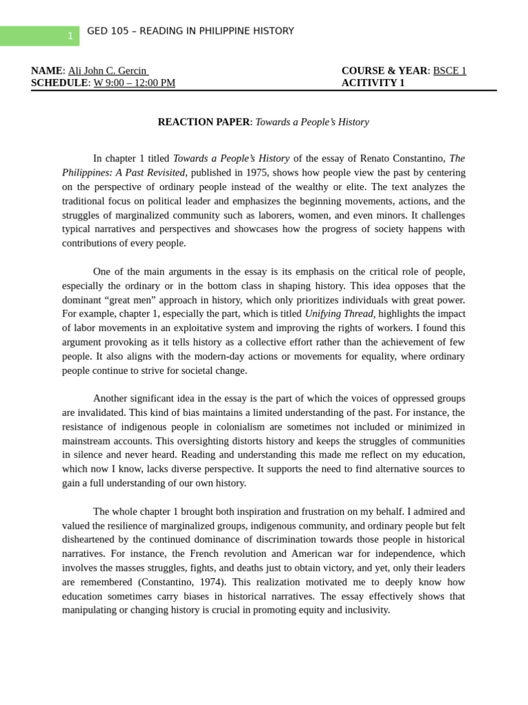 Reading History Activity 1 | PDF | Narrative | Essays