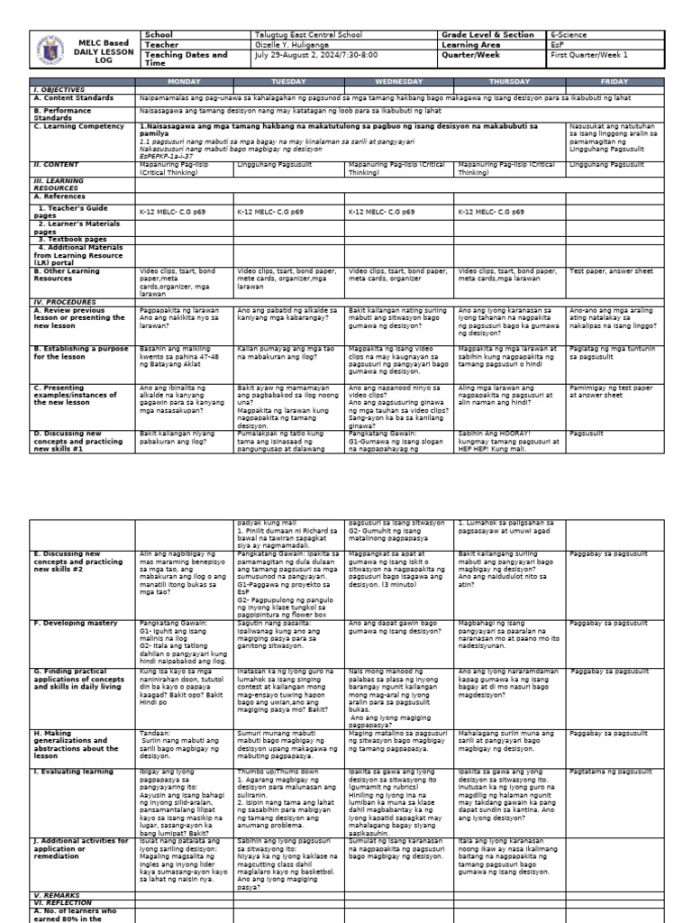MELC Based Daily Lesson LOG School Grade Level & Section Teacher ...