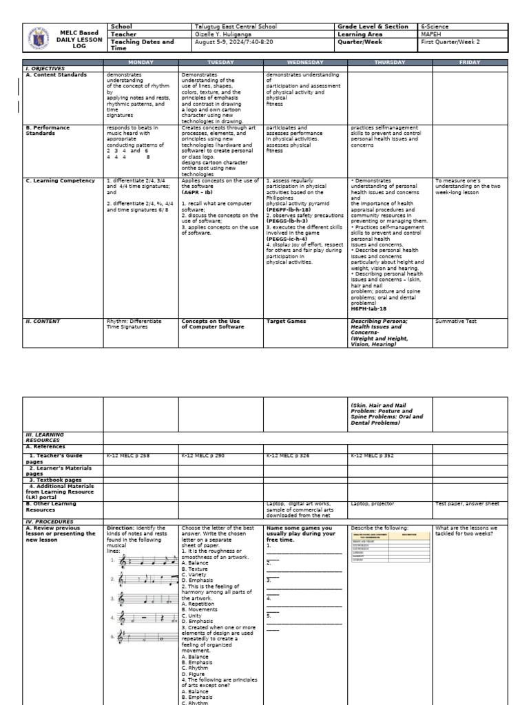 MELC Based Daily Lesson LOG School Grade Level & Section Teacher ...