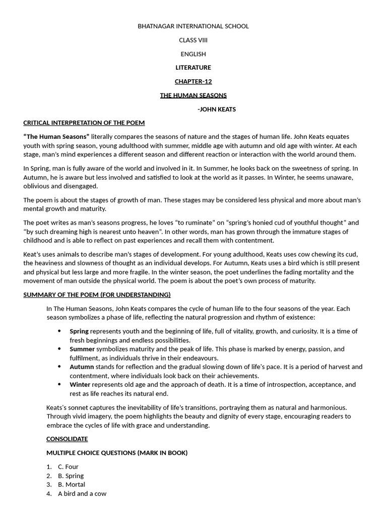 CH - 12 The Human Seasons by John Keats | PDF | John Keats | Thought