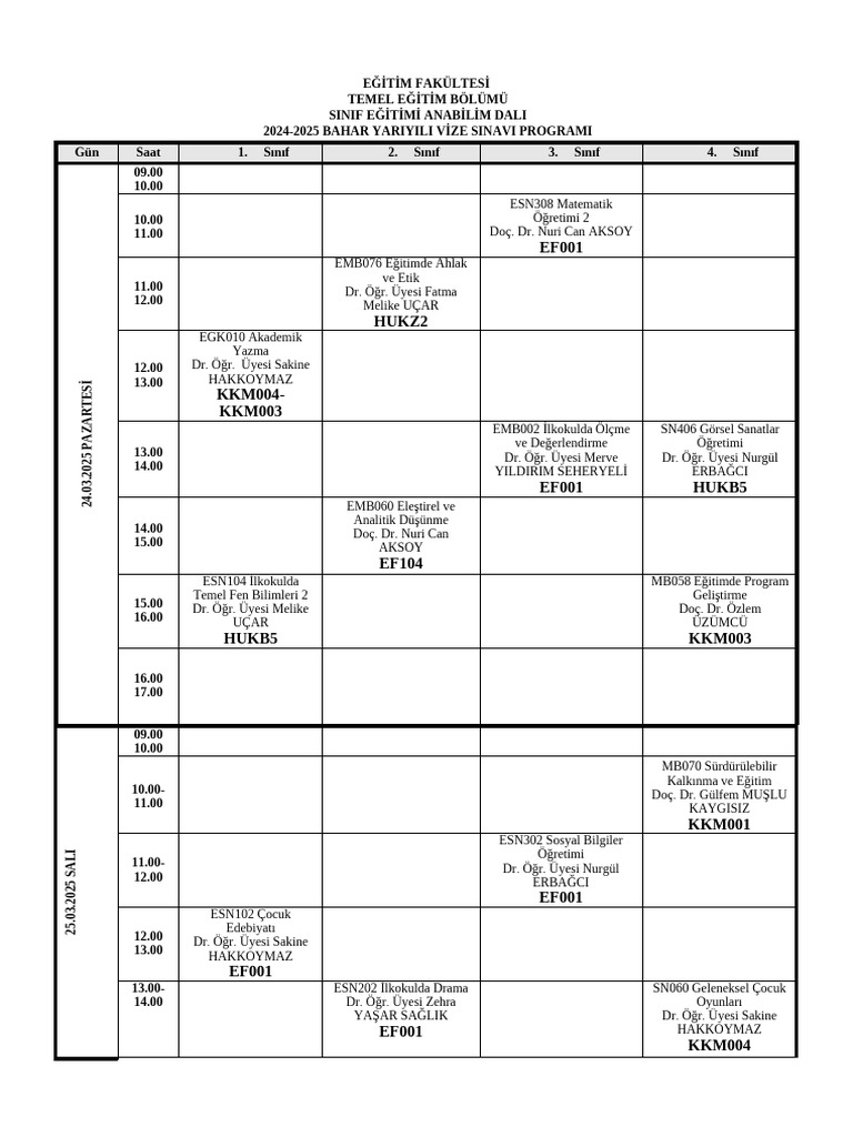 2024-2025 Bahar-SNF-Vize Sinavi Programi | PDF