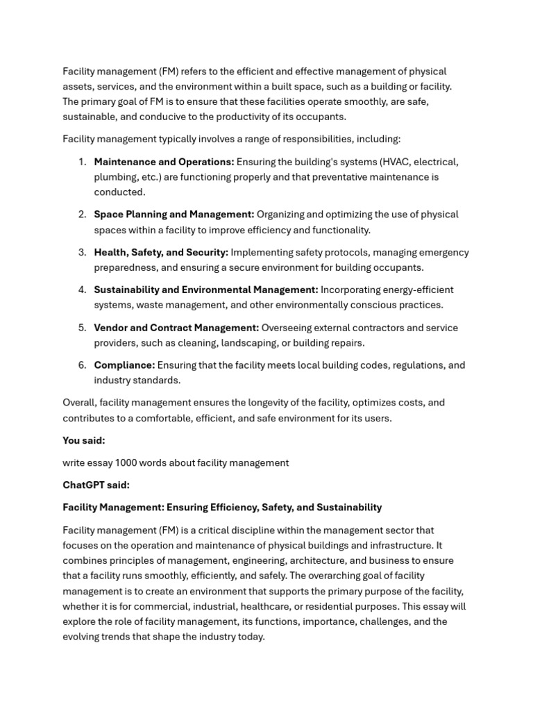 Role of Facility Management | PDF | Safety | Regulatory Compliance