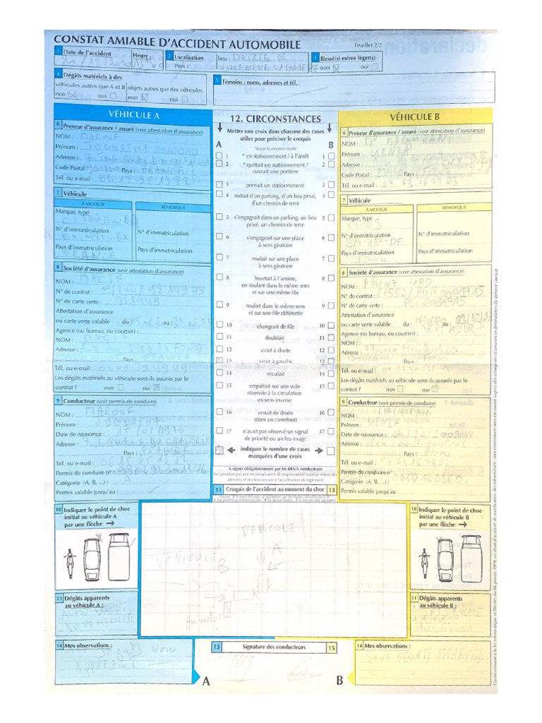 CONSTAT AMIABLE D'ACCIDENT AUTOMOBILEmmm | PDF