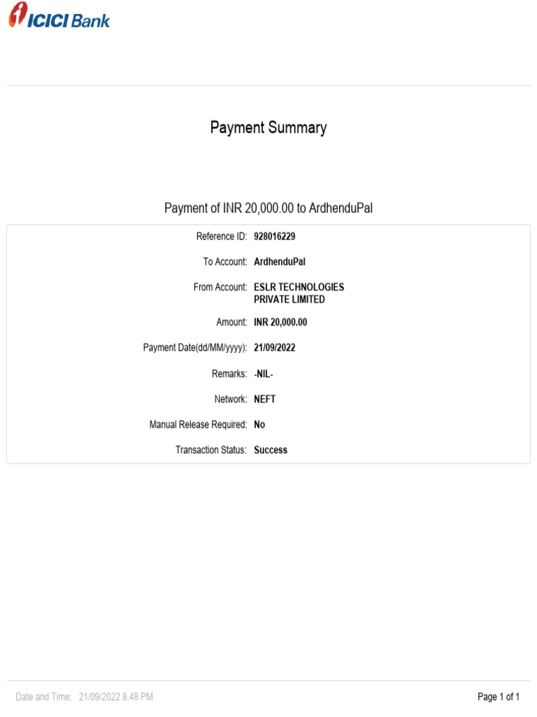 Payment Summary: Payment of Inr 20,000.00 To Ardhendupal | PDF