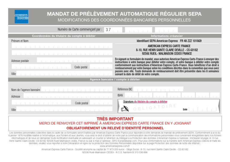 Mandat SEPA American Express | PDF | American Express | Vie privée et ...