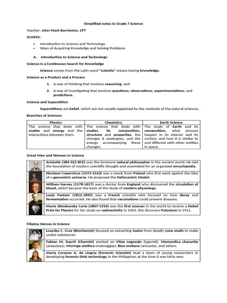 Simplified Notes in Grade 7 Science | PDF | Science