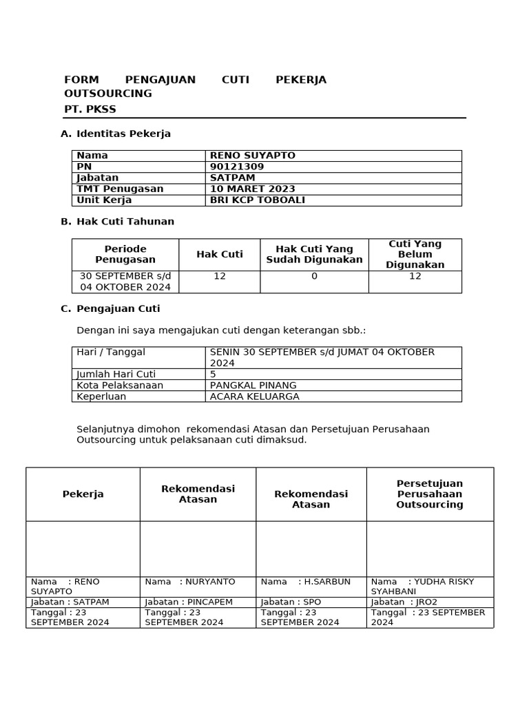 Form Pengajuan Cuti New Pkerja Outs BRI BANG RENO | PDF