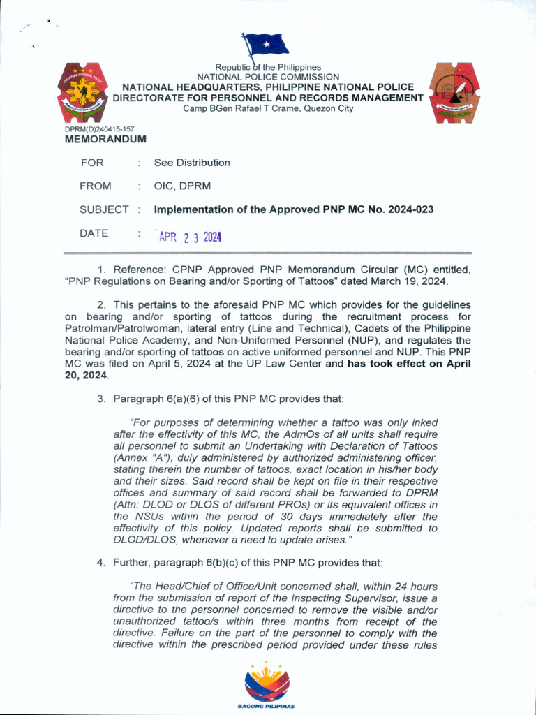 Implementation of The Approved PNP MC No. 2024-023 | PDF