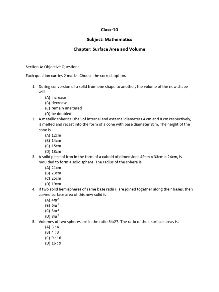 Grade 10 Test Surface Area and Volume | PDF